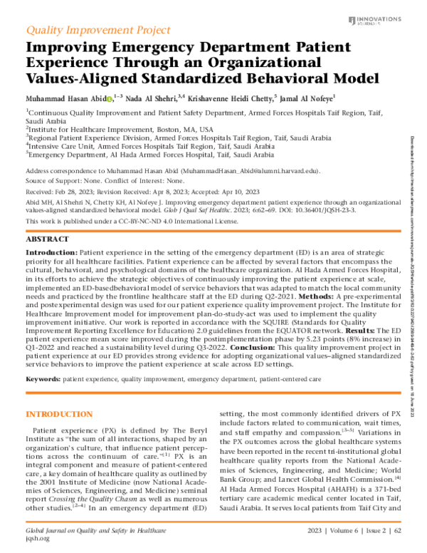 (PDF) Improving Emergency Department Patient Experience Through an Organizational Values-Aligned ...