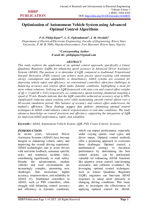 (PDF) Optimization of Autonomous Vehicle System using Advanced Optimal Control Algorithms