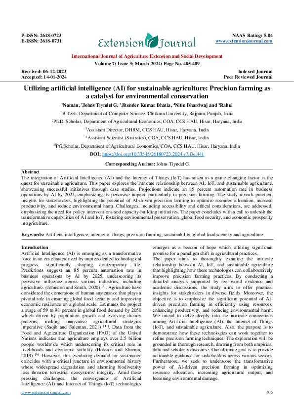 (PDF) Utilizing artificial intelligence (AI) for sustainable agriculture: Precision farming as a ...