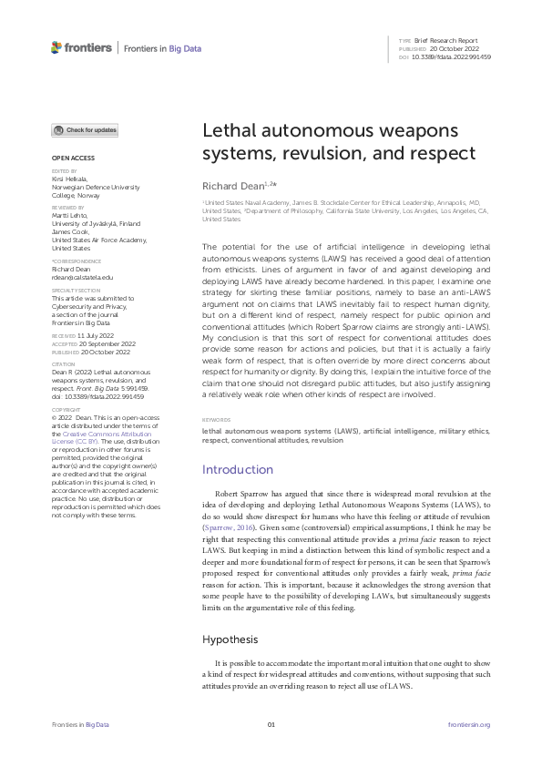 (PDF) Lethal Autonomous Weapons Systems, Revulsion, and Respect