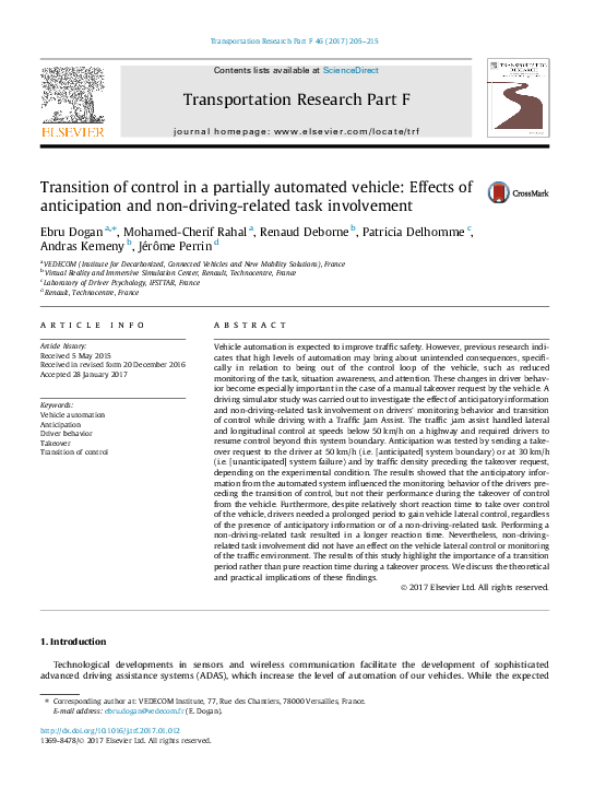 (PDF) Transition of control in a partially automated vehicle: Effects ...
