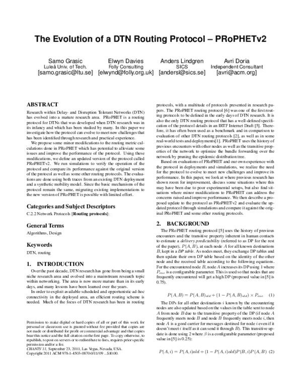 (PDF) The evolution of a DTN routing protocol - PRoPHETv2
