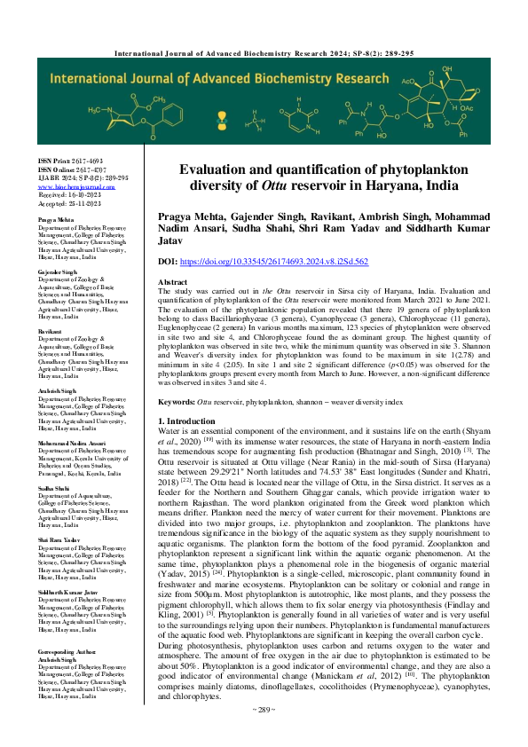 (PDF) Evaluation and quantification of phytoplankton diversity of Ottu reservoir in Haryana, India