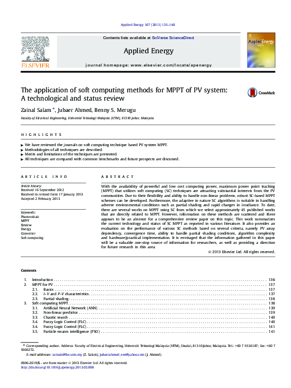 Pdf The Application Of Soft Computing Methods For Mppt Of Pv System A Technological And