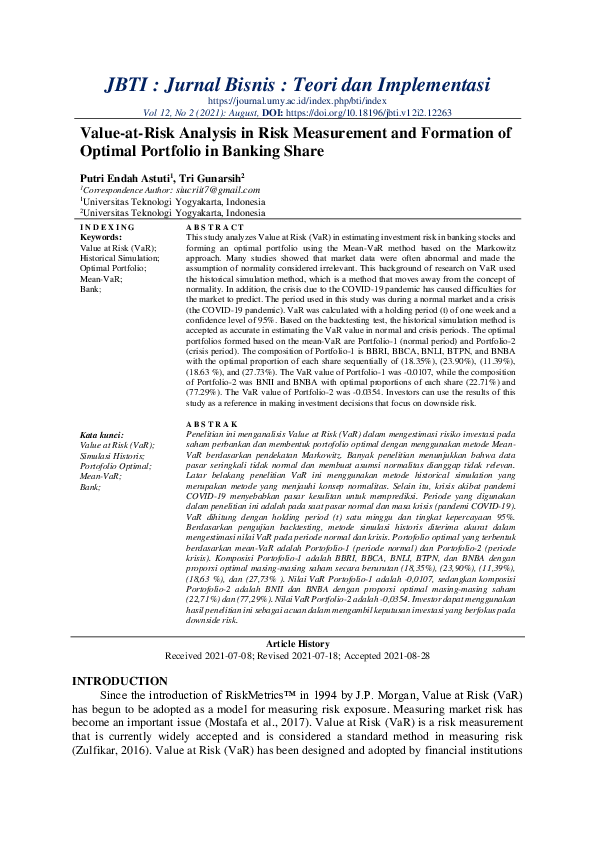 (PDF) Value-At-Risk Analysis in Risk Measurement and Formation of Optimal Portfolio in Banking Share