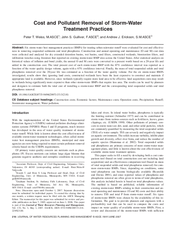 (PDF) Cost and Pollutant Removal of Storm-Water Treatment Practices