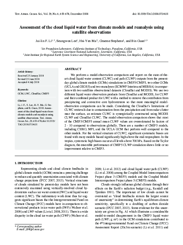 (PDF) Assessment of the cloud liquid water from climate models and ...