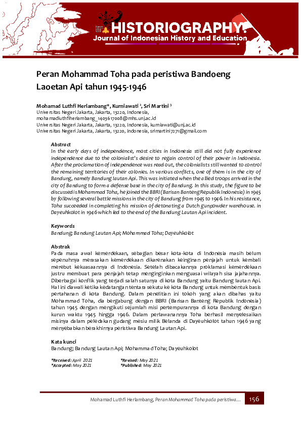 (PDF) Peran Mohammad Toha Pada Peristiwa Bandoeng Laoetan Api Tahun 1945-1946