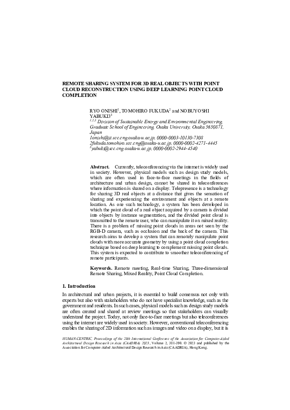 (PDF) Remote Sharing System for 3D Real Objects with Point Cloud Reconstruction Using Deep ...