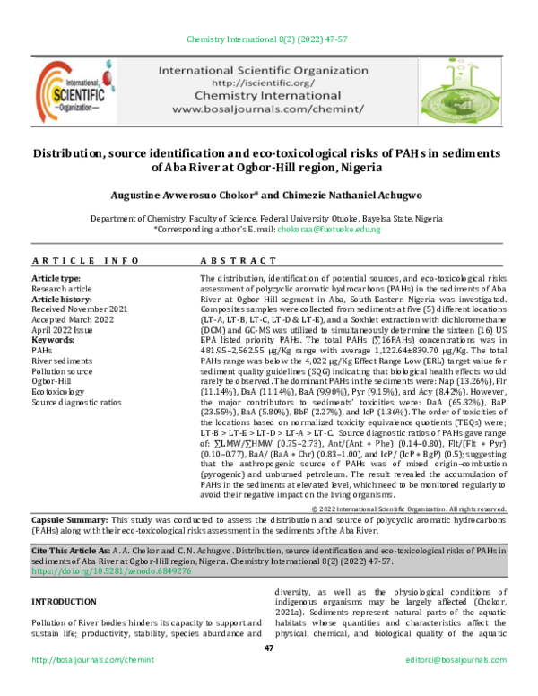 (PDF) Distribution, source identification and eco-toxicological risks ...