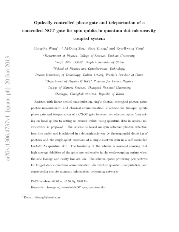 (PDF) Optically controlled phase gate and teleportation of a controlled-not gate for spin qubits ...