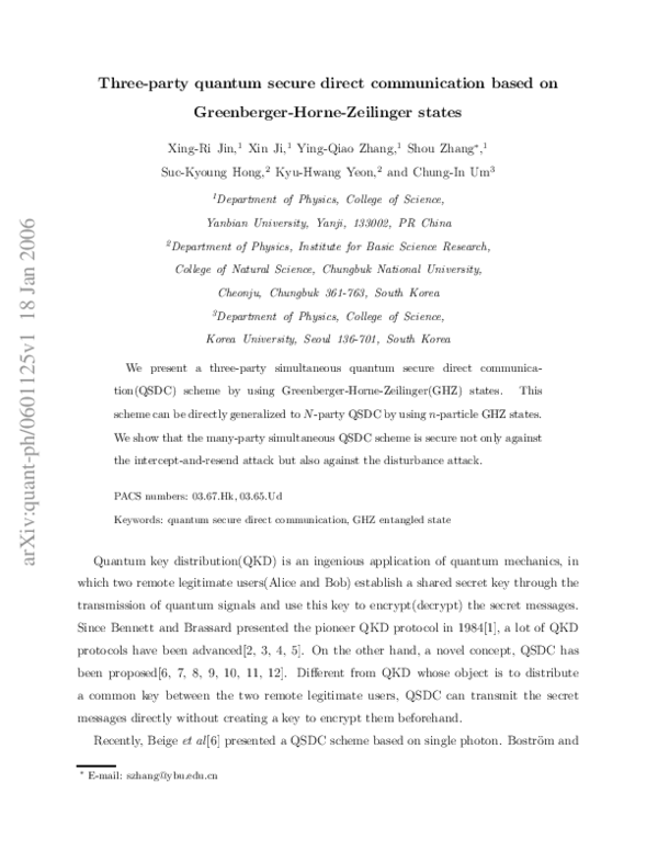 (PDF) Three-party quantum secure direct communication based on GHZ states