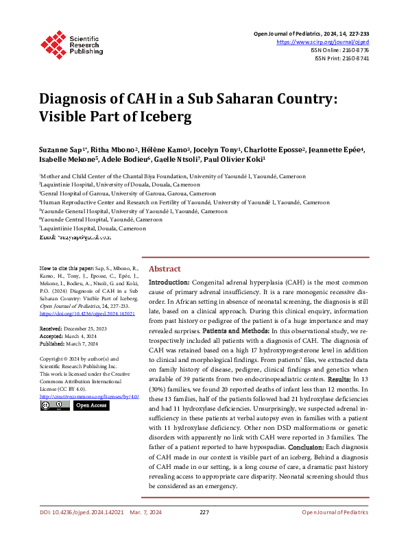 (PDF) Diagnosis of CAH in a Sub Saharan Country: Visible Part of Iceberg