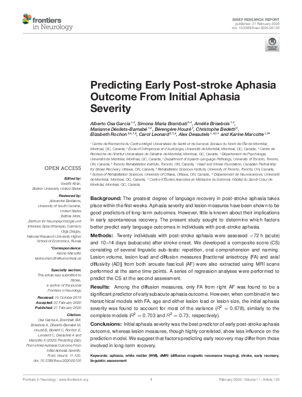 (PDF) Predicting Early Post-stroke Aphasia Outcome From Initial Aphasia ...