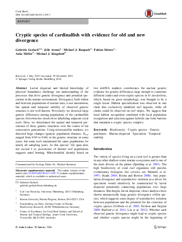 (PDF) Cryptic species of cardinalfish with evidence for old and new ...