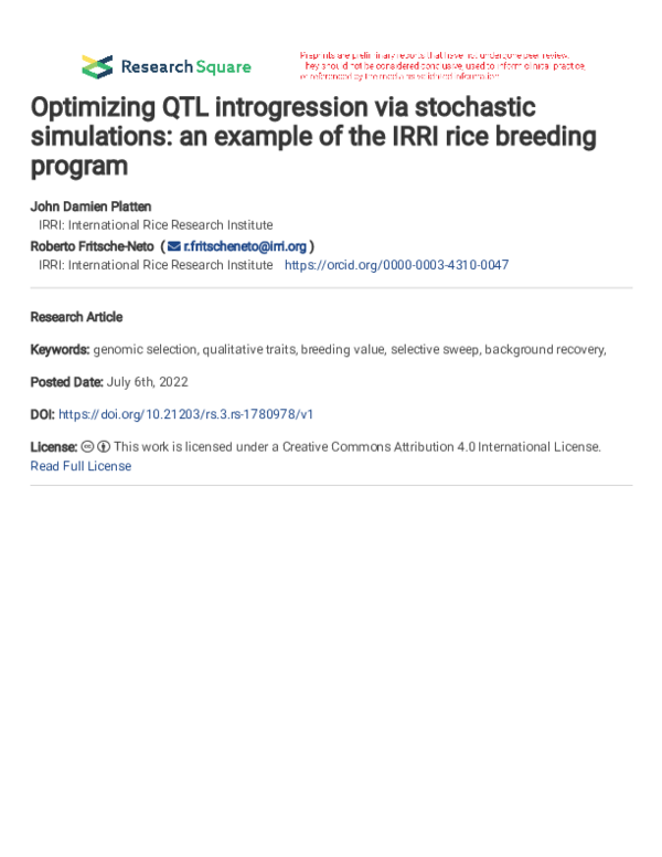 (PDF) Optimizing QTL introgression via stochastic simulations: an example of the IRRI rice ...