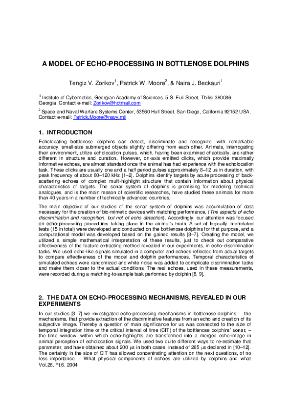 (PDF) A Model of Echo-Processing in Bottlenose Dolphins | Patrick Moore - Academia.edu