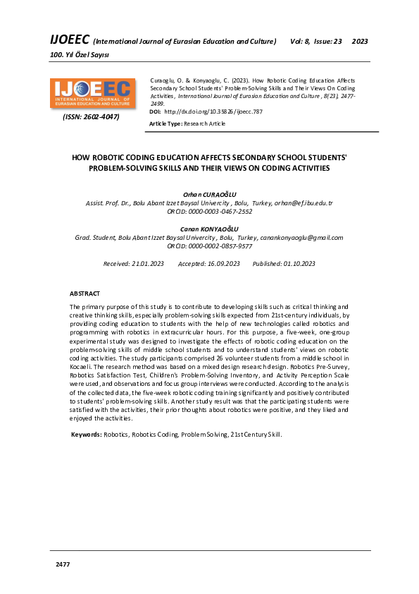 (PDF) How Robotic Coding Education Affects Secondary School Students' Problem-Solving Skills and ...