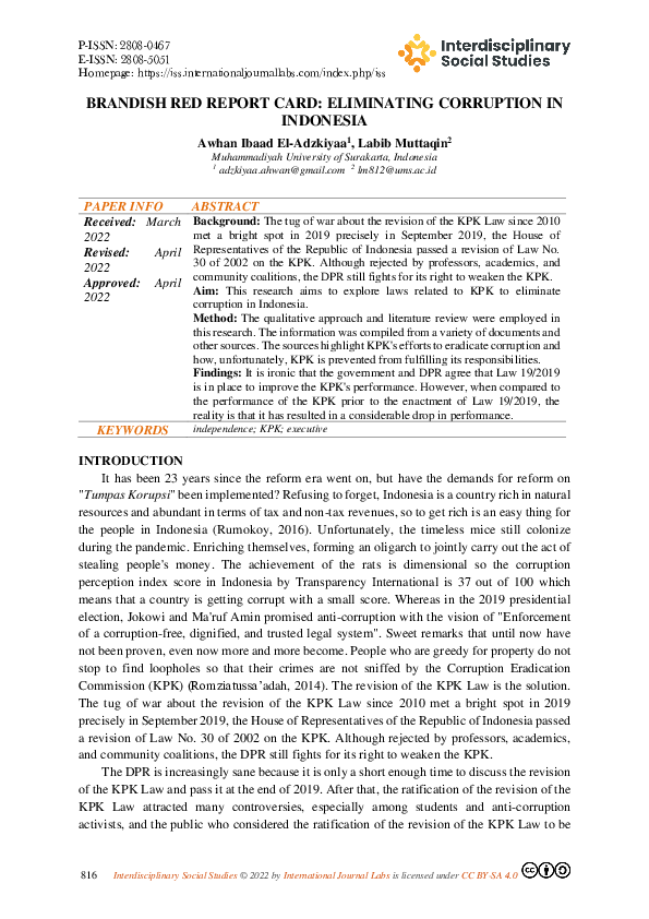 (PDF) Brandish Red Report Card: Eliminating Corruption in Indonesia