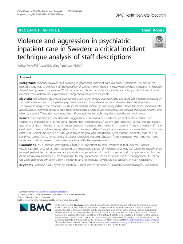 (PDF) Violence and aggression in psychiatric inpatient care in Sweden ...