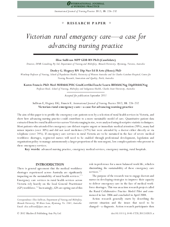 (PDF) Victorian rural emergency care-a case for advancing nursing ...