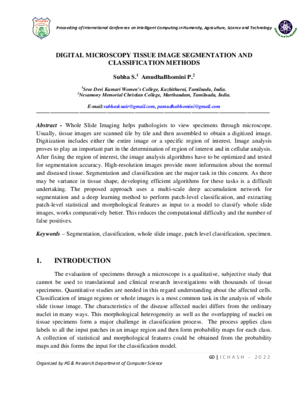 (PDF) Digital Microscopy Tissue Image Segmentation and Classification Methods