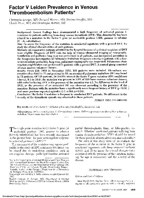 (PDF) Factor V Leiden Prevalence in Venous Thromboembolism Patients
