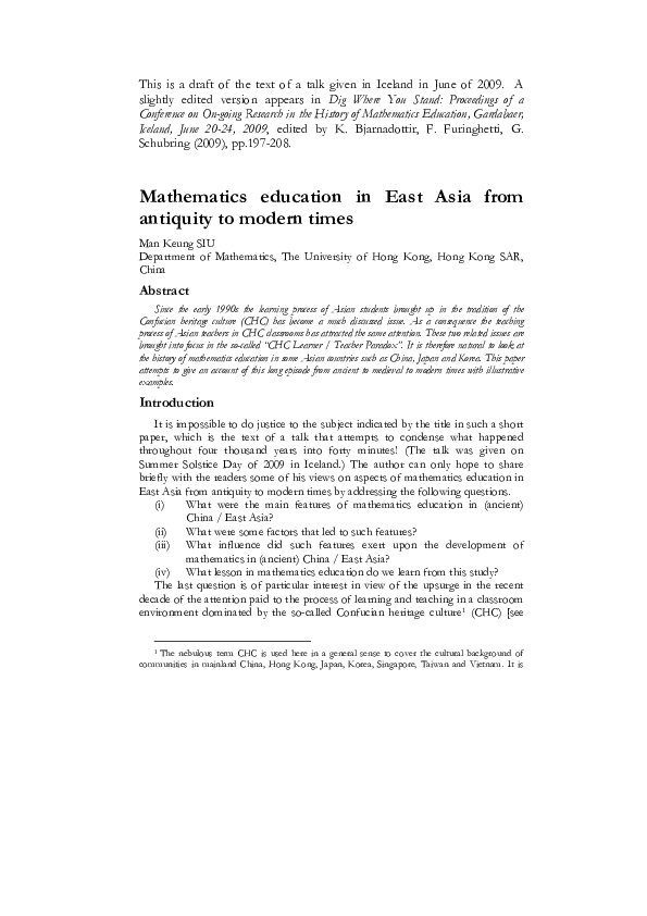 (PDF) Mathematics education in East Asia from antiquity to modern times