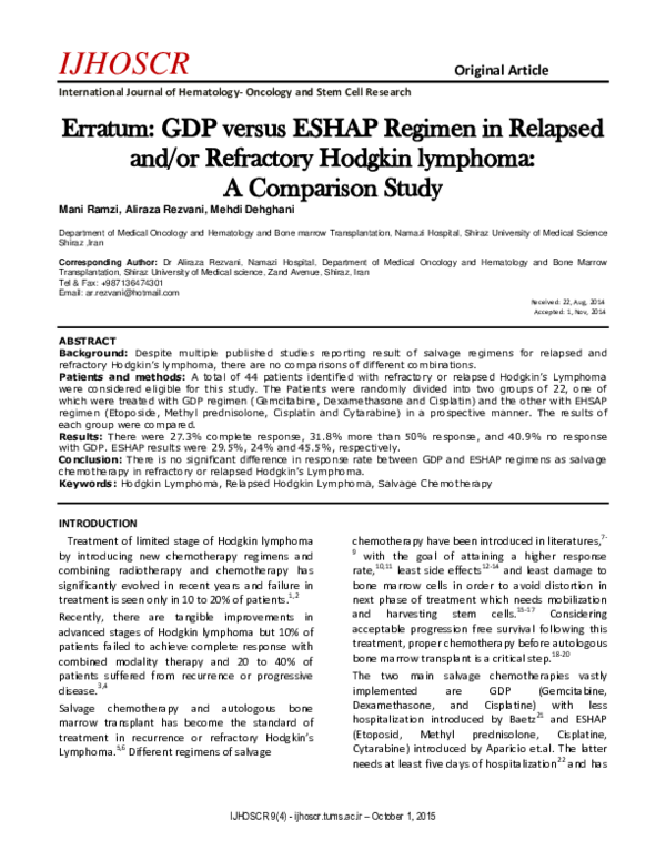 (PDF) GDP versus ESHAP Regimen in Relapsed and/or Refractory Hodgkin ...