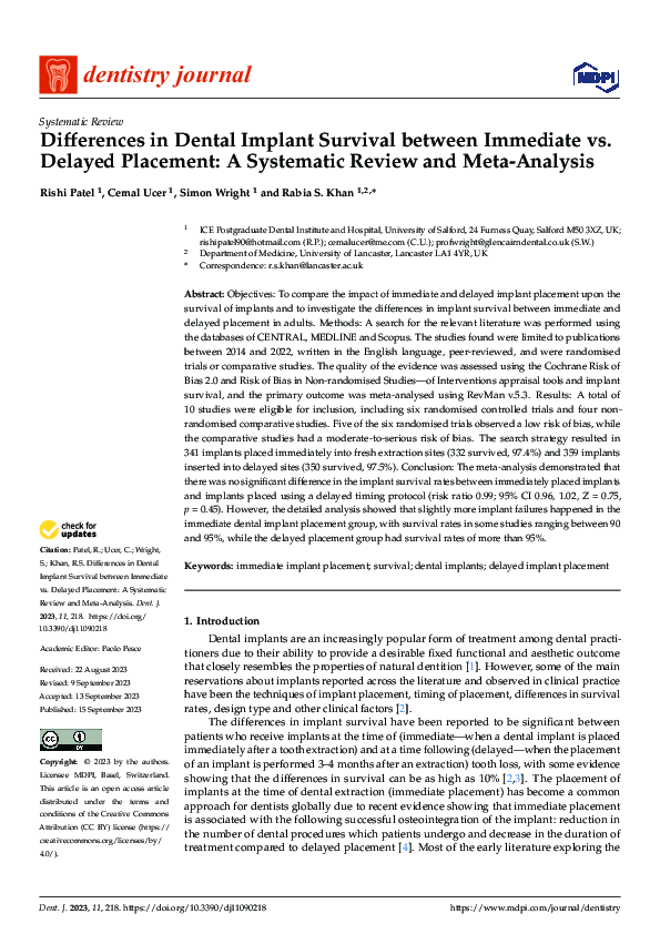 (PDF) Differences in Dental Implant Survival between Immediate vs ...