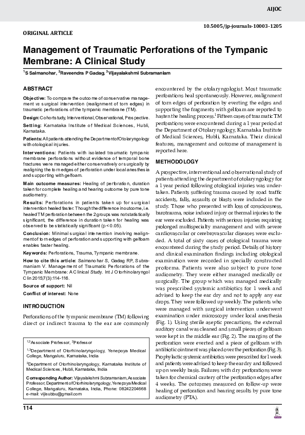 (PDF) Management of Traumatic Perforations of the Tympanic Membrane: A ...