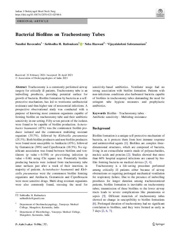 (PDF) Bacterial Biofilms on Tracheostomy Tubes