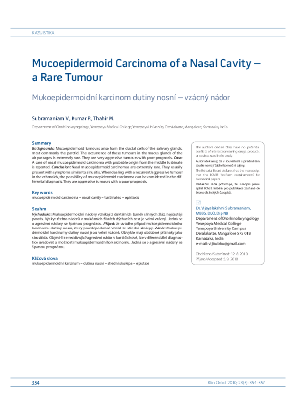 (PDF) Mucoepidermoid carcinoma of a nasal cavity--a rare tumour