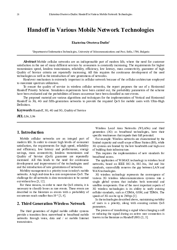 (PDF) Handoff in Various Mobile Network Technologies