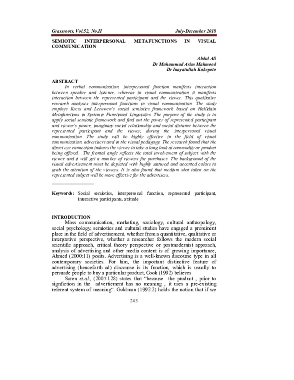 (PDF) Semiotic Interpersonal Metafunctions in Visual Communication