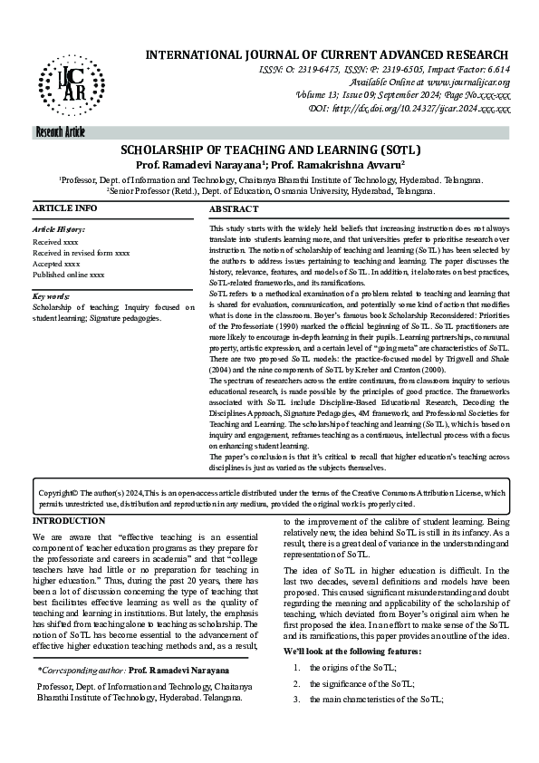 (PDF) Scholarship of Teaching and Learning (SoTL)