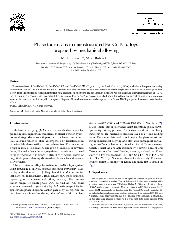 (PDF) Phase transitions in nanostructured Fe–Cr–Ni alloys prepared by mechanical alloying | m.r ...