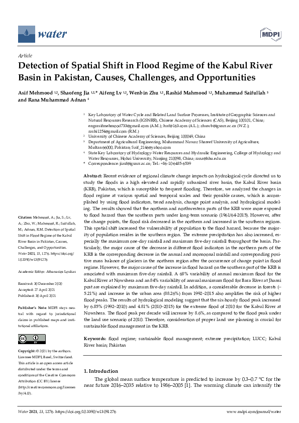 (PDF) Detection of Spatial Shift in Flood Regime of the Kabul River Basin in Pakistan, Causes ...