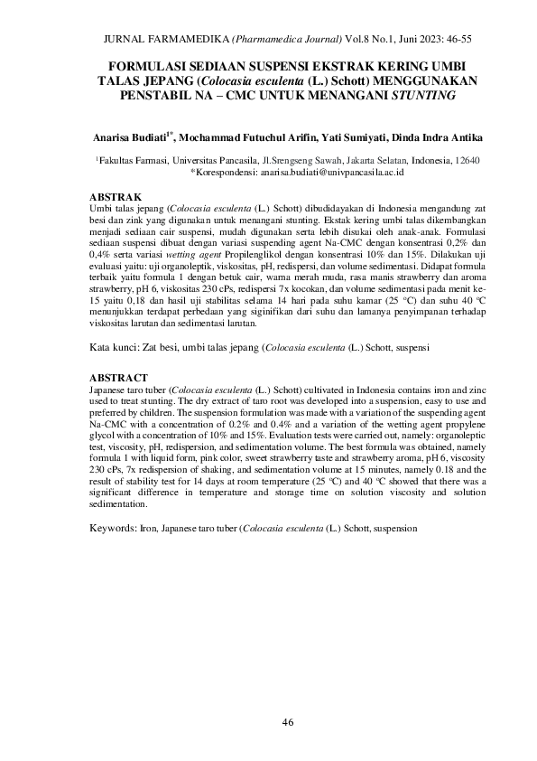 (PDF) FORMULASI SEDIAAN SUSPENSI EKSTRAK KERING UMBI TALAS JEPANG ...