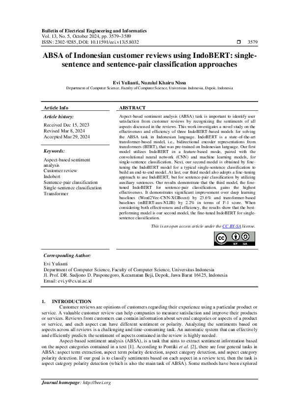 (PDF) ABSA of Indonesian customer reviews using IndoBERT: single ...