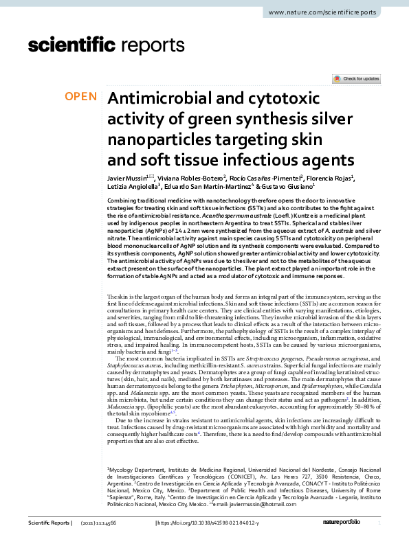 (PDF) Antimicrobial and cytotoxic activity of green synthesis silver nanoparticles targeting ...