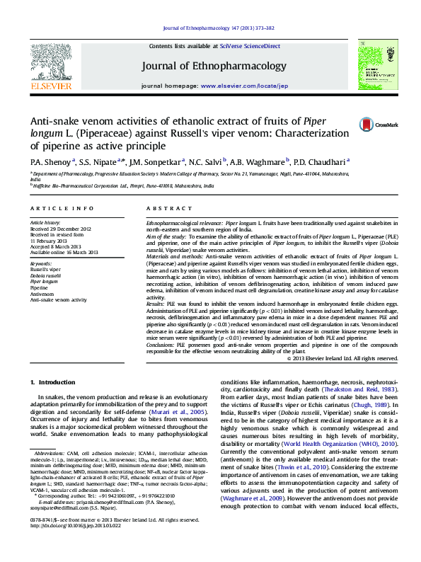(PDF) Anti-snake venom activities of ethanolic extract of fruits of ...