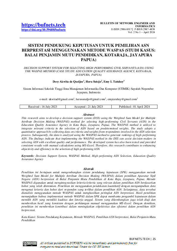 (PDF) Sistem Pendukung Keputusan Untuk Pemilihan Asn Berprestasi Menggunakan Metode Waspas ...