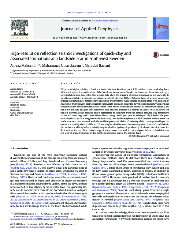 (PDF) Seismic Study of Quick-Clay Landslide in Southwest Sweden
