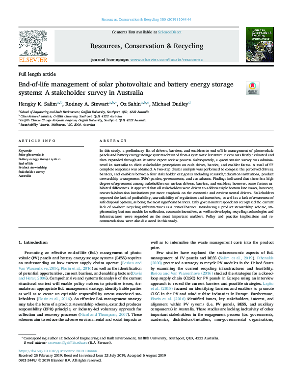 (PDF) End-of-life management of solar photovoltaic and battery energy ...