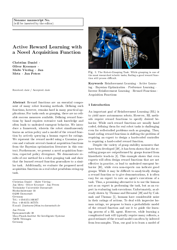 (PDF) Active reward learning with a novel acquisition function