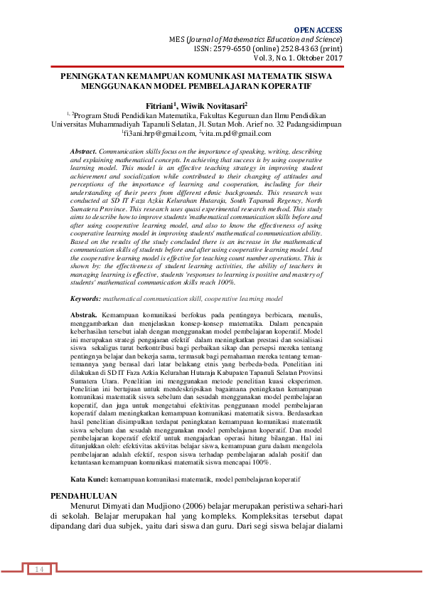 (PDF) Peningkatan Kemampuan Komunikasi Matematik Siswa Menggunakan Model Pembelajaran Koperatif