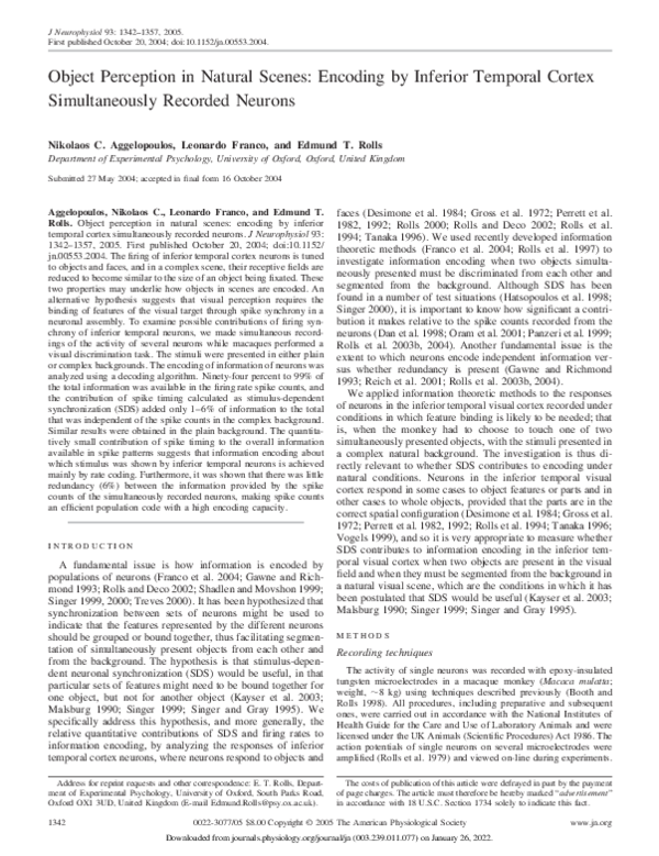 Pdf Object Perception In Natural Scenes Encoding By Inferior Temporal Cortex Simultaneously