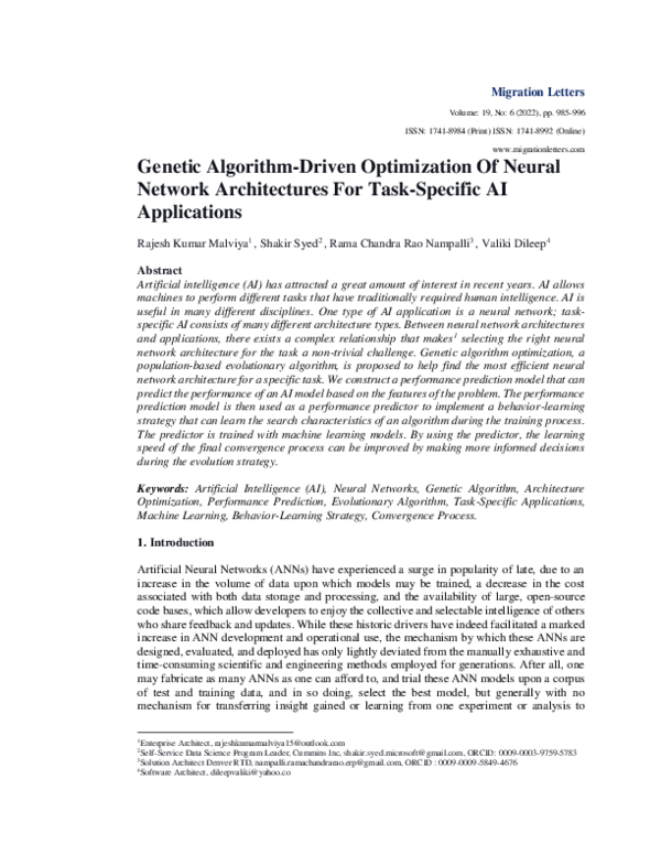 Pdf Genetic Algorithm Driven Optimization Of Neural Network Architectures For Task Specific Ai