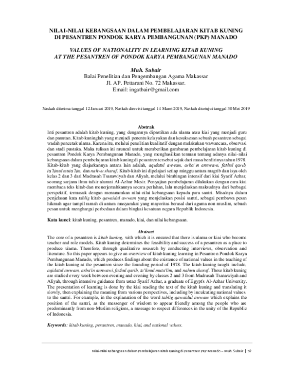 (PDF) Ideologi Kebangsaan Dalam Pembelajaran Kitab Kuning DI Pesantr¬en PKP Manado